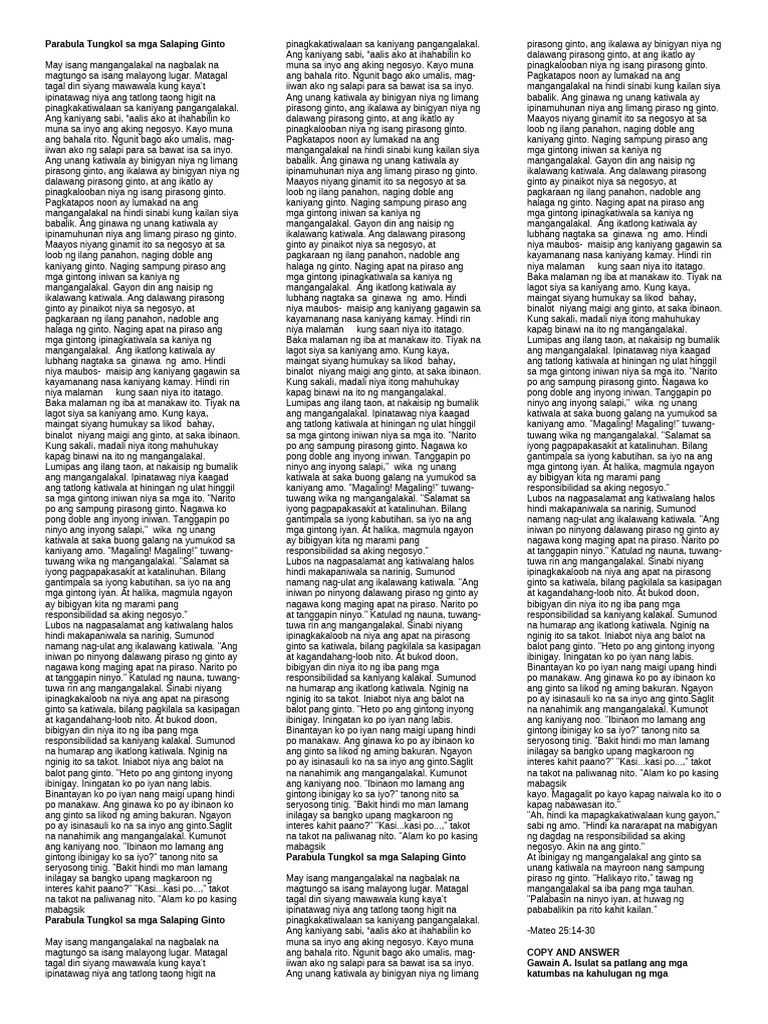 Parabula Tungkol Sa Mga Salaping Ginto | PDF
