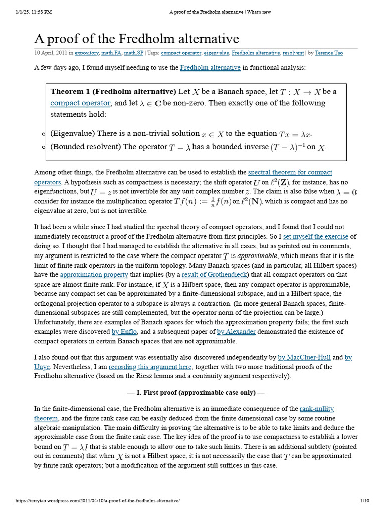 A Proof of The Fredholm Alternative - What's New | PDF | Banach Space ...