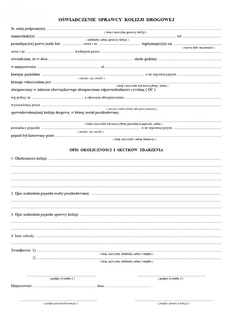 Oświadczenie Sprawcy Kolizji Drogowej | PDF