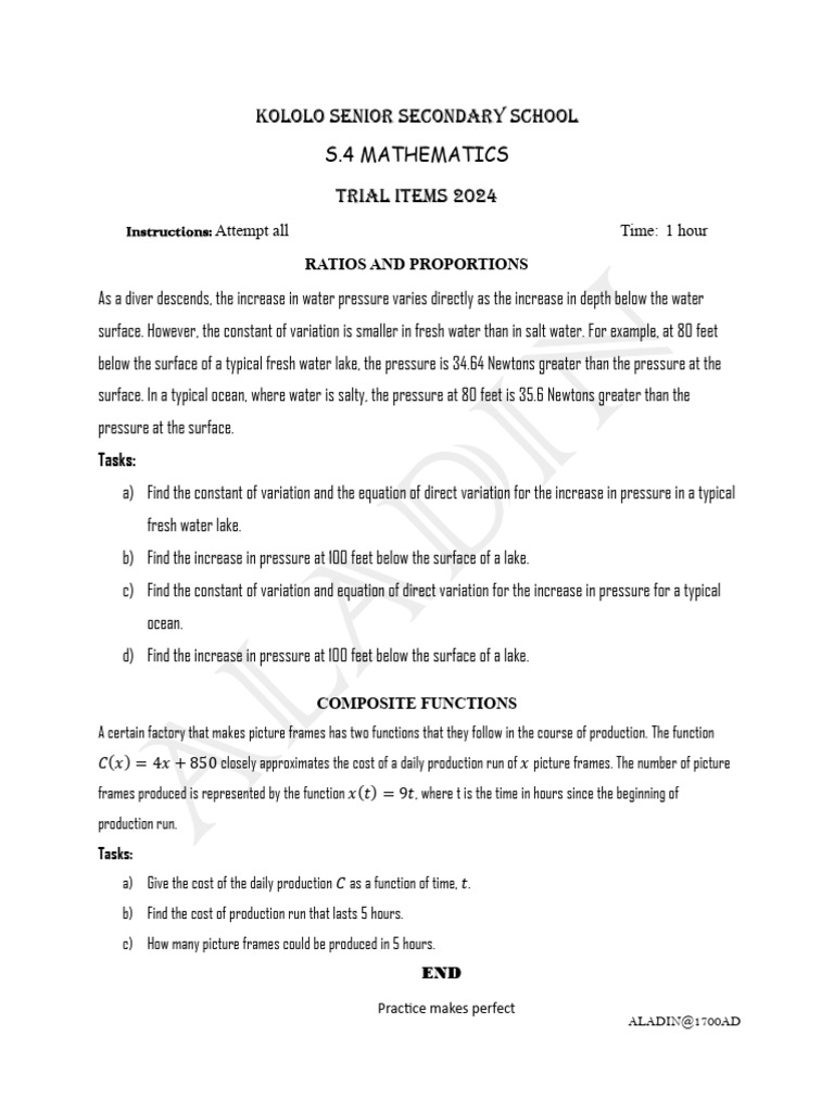 Kololo Senior Secondary School s.4 Mathematics Trail Items 2024 | PDF