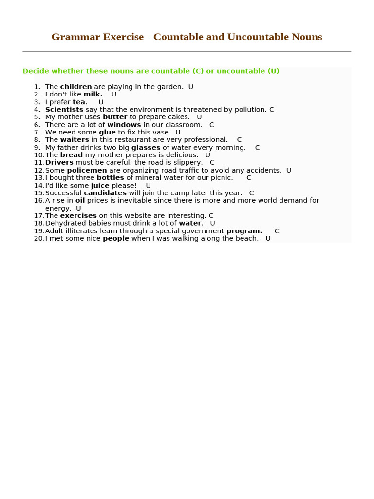 Countable vs Uncountable Nouns Exercise | PDF