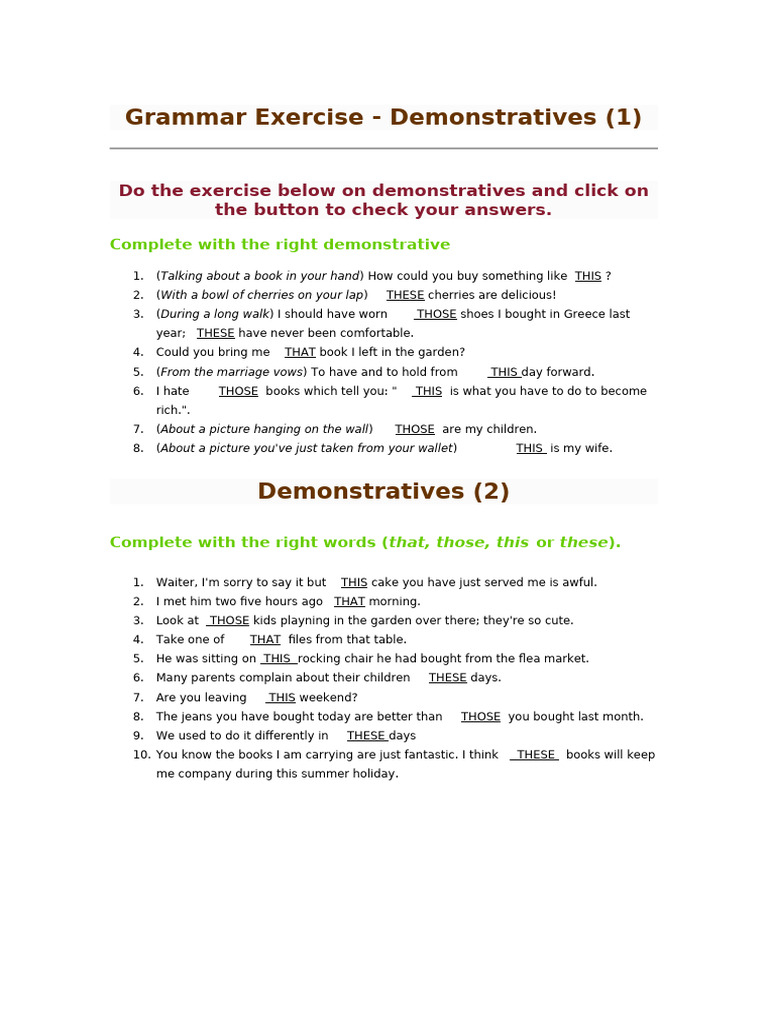 Demonstratives Practice for ESL Learners | PDF