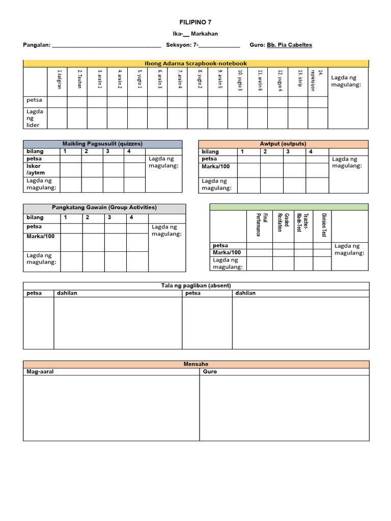 FILIPINO 7 TALAAN NG Mga Marka 2 | PDF