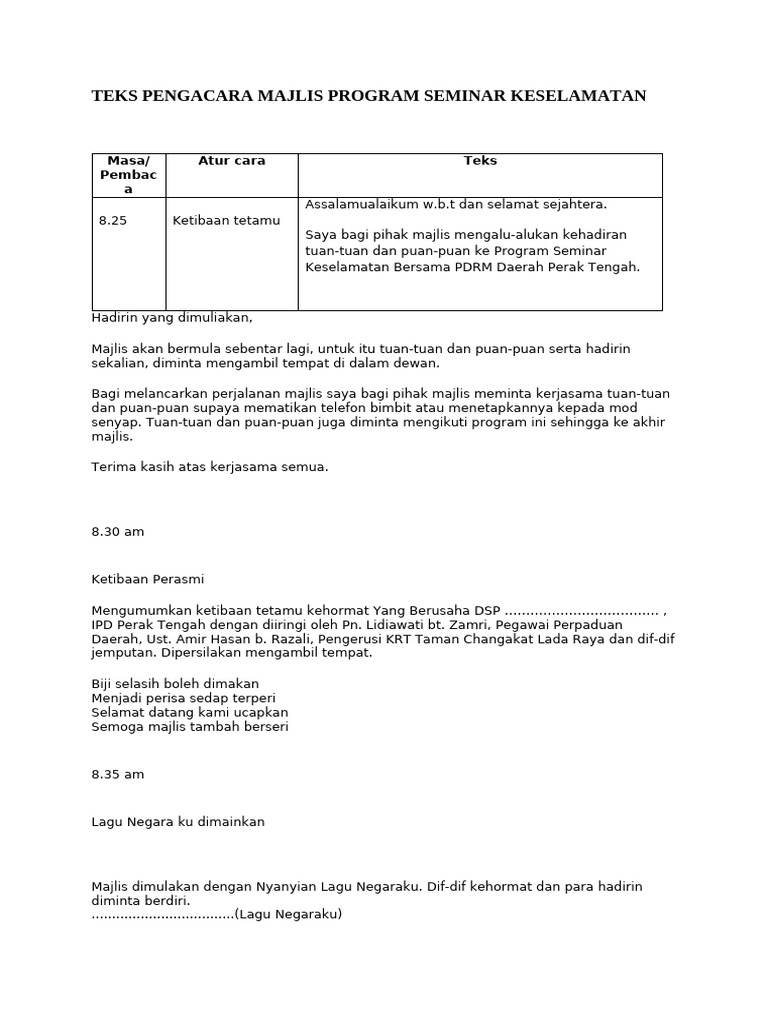 Teks Pengacara Majlis Program Seminar Keselamatan | PDF