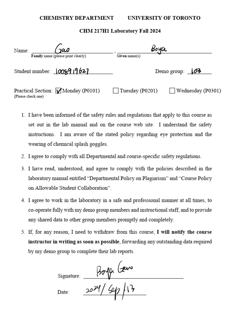 CHM 217H1 Lab Form Instructions | PDF