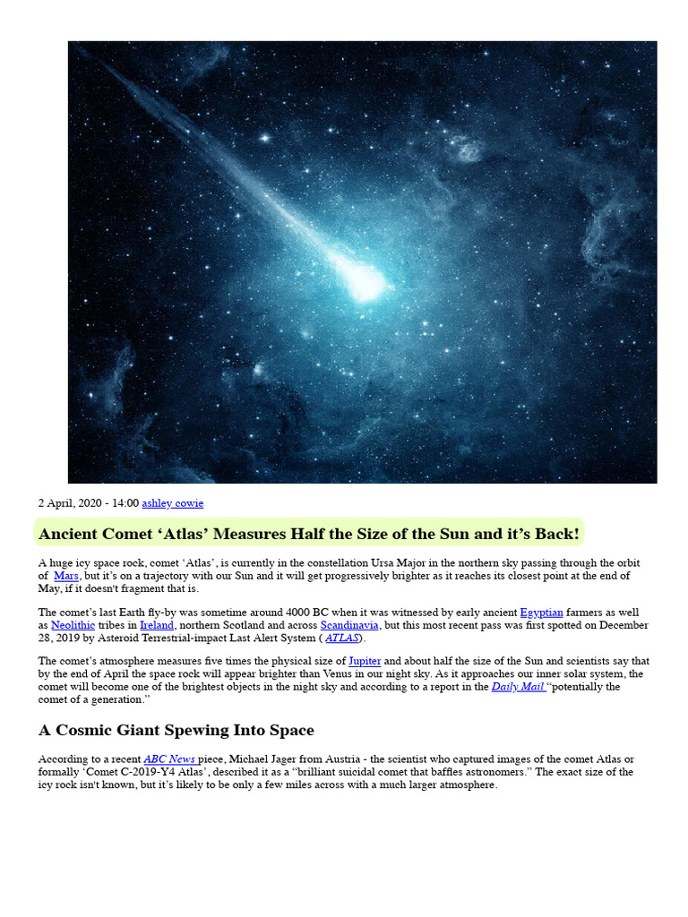 Ancient Comet ‘Atlas’ Measures Half Size Sun And It’s Back Ancient ...