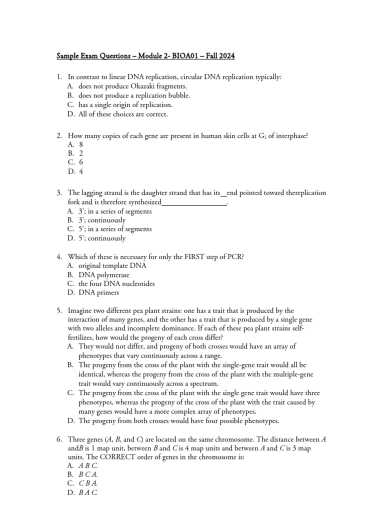 Sample Exam Qs - Module 3-BIOA01 - Fall 2024 | PDF | Dna Replication | Gene