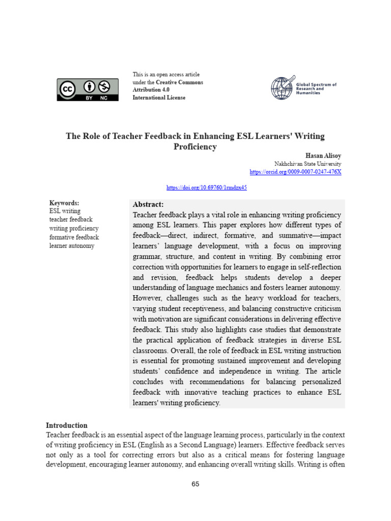 The Role of Teacher Feedback in Enhancing ESL Learners Writing Proficiency 1 | PDF | English As ...