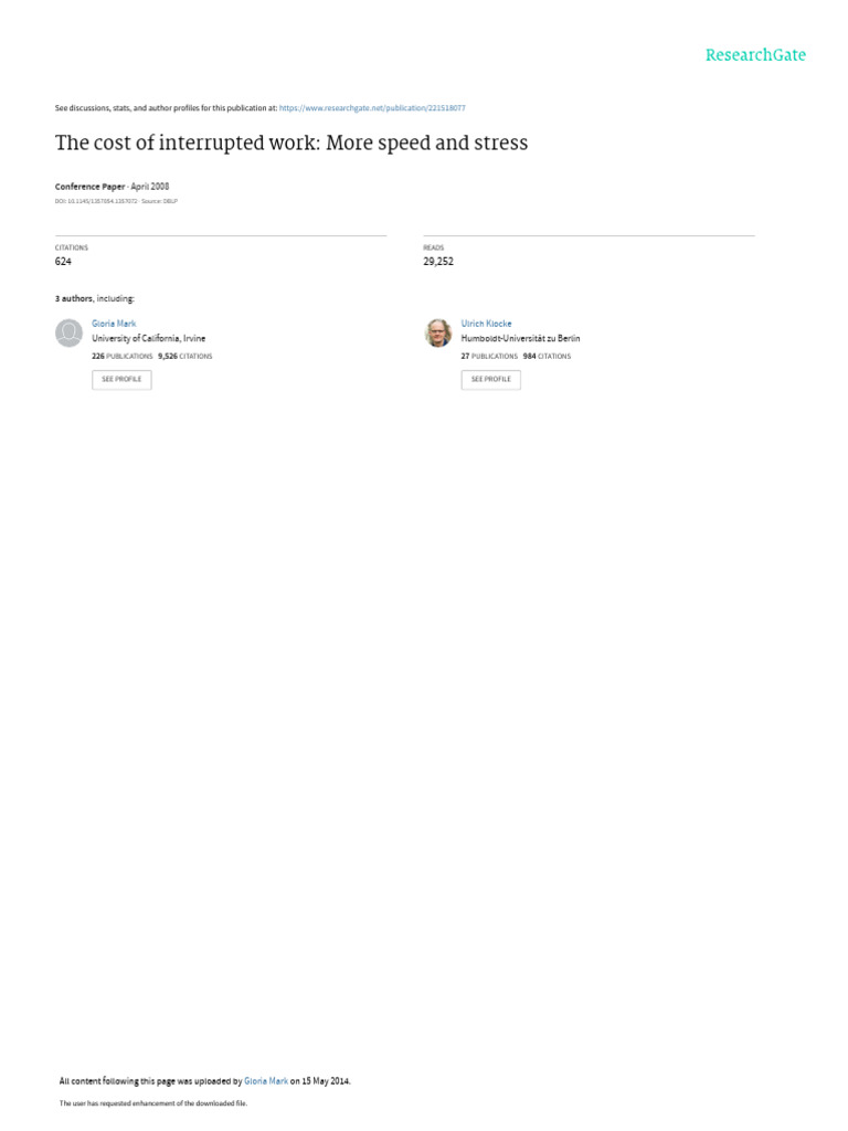 Cost of Interrupted Work: Speed vs. Stress | PDF | Experiment | Human ...