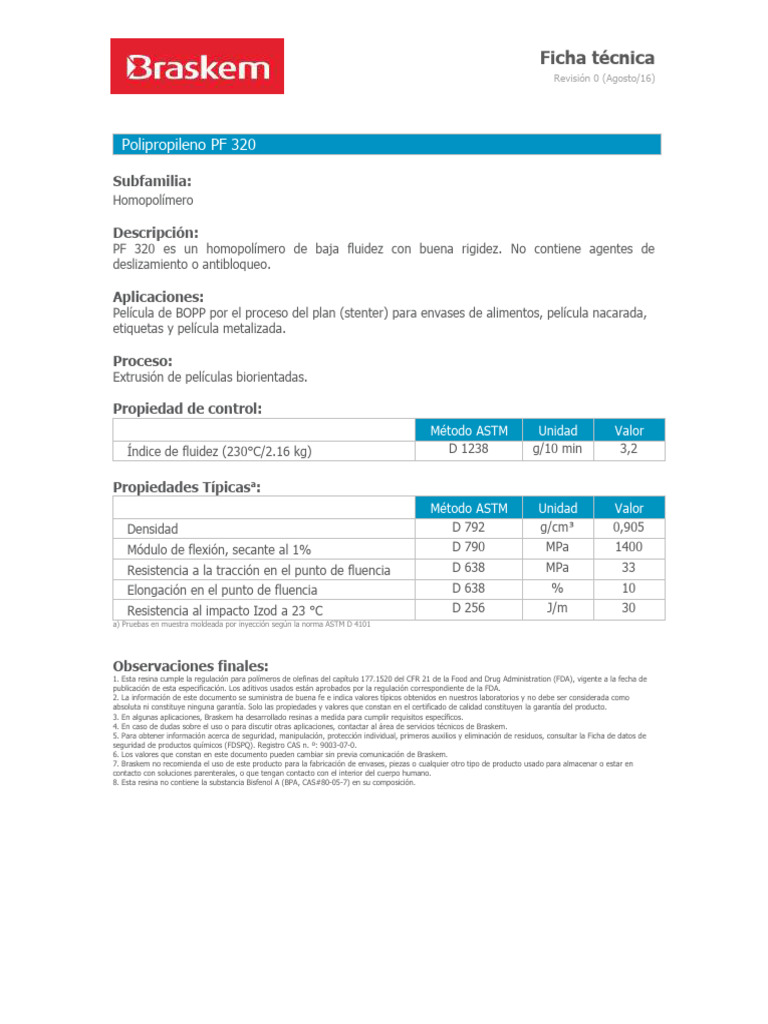 Polipropileno PF 320: Ficha Técnica | PDF | Materiales