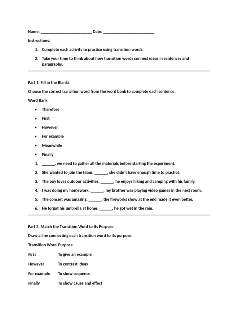 Transition Words Worksheet Pdf Transition Words Activity | TPT