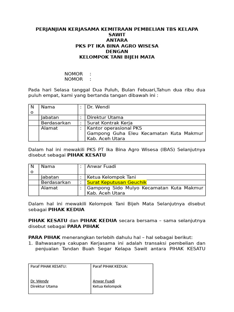MOU_Perjanjian_Pembelian TBS Kel. Bijeh Mata ke PT IBAS | PDF