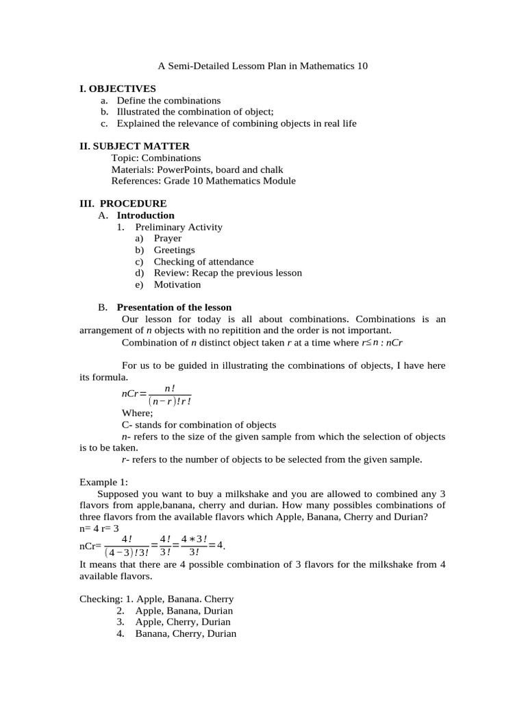 Lesson Plan: Combinations in Math 10 | PDF