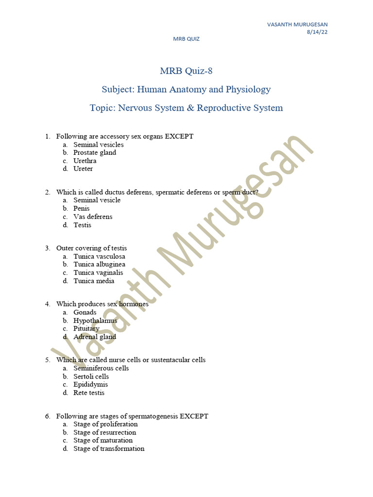 Quiz-8 MRB Nervous System & Reproductive System - 24.08.2022 | PDF ...