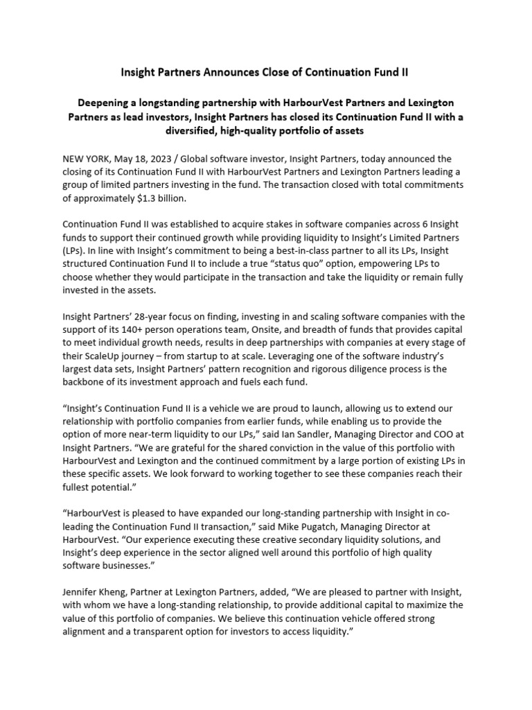 Insight Partners Announces Close of Continuation Fund II 1 | PDF ...