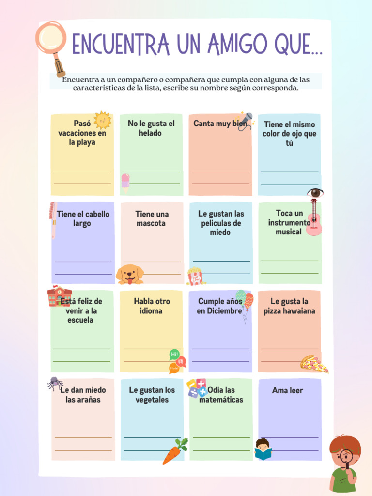 Fun Colorful Find Someone Who Game Recurso de EFL (1) | PDF