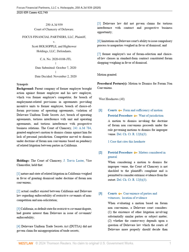 Focus Financial Partners LLC V Holsopple | PDF | Lawsuit | Employment