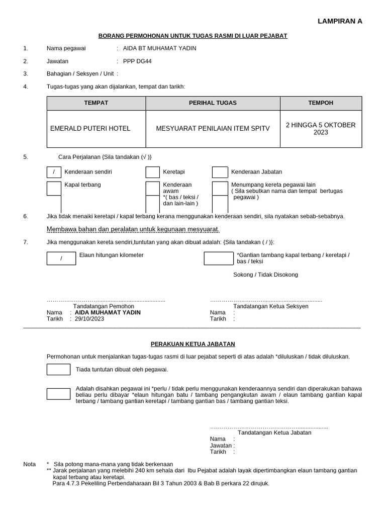 3 BORANG TUGAS RASMI (LAMPIRAN A) | PDF