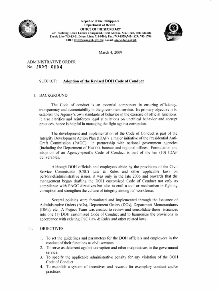 DOH AO 2009-0004 Adopition of Revised DOH Code of Conduct | PDF ...