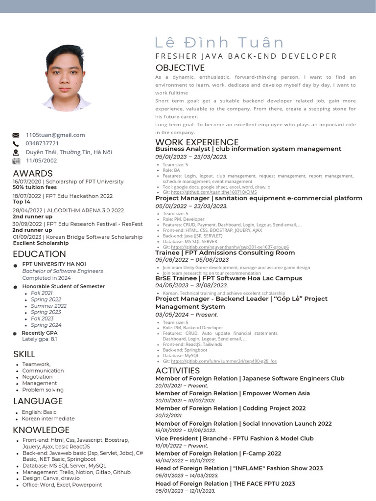 Lê Đình Tuân - FRESHER JAVA BACK-END DEVELOPER | PDF | Computing | Software