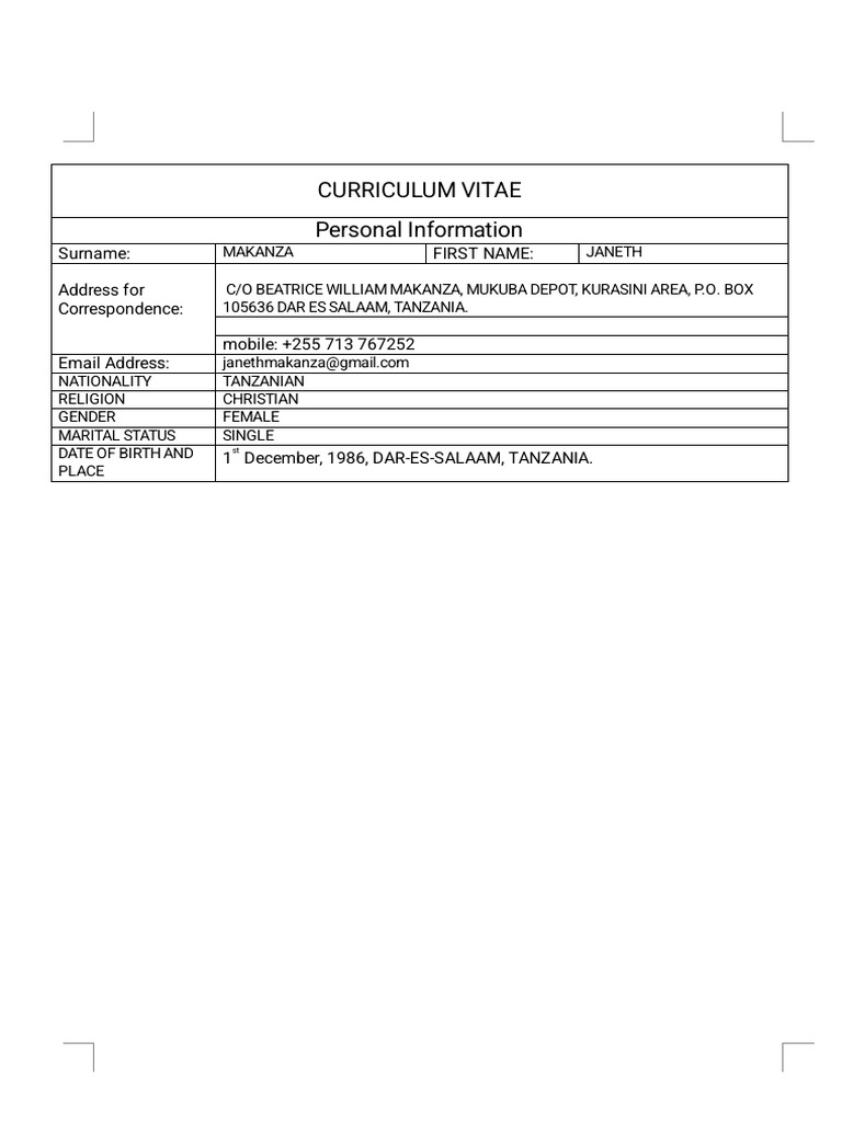 CV of JANETH Maka Tanapa | PDF | Tanzania