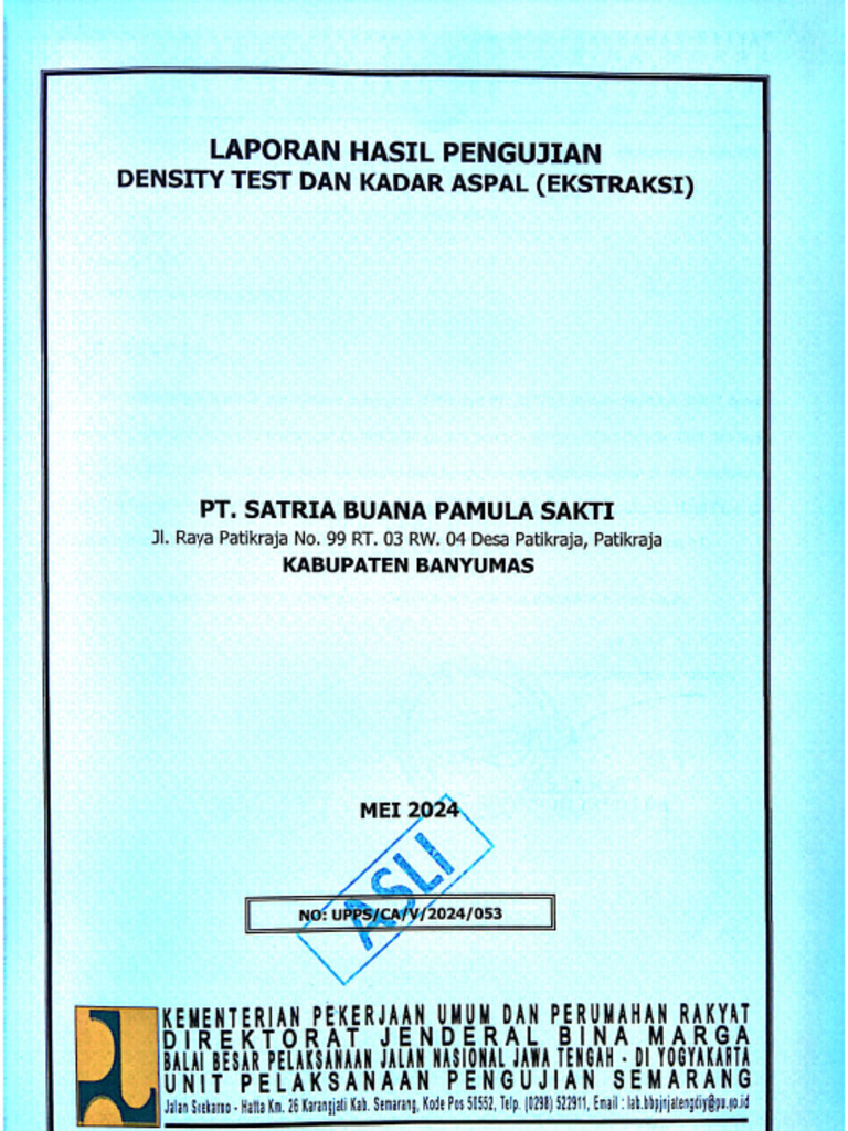 Laporan Hasil Pengujian Density Test Dan Kadar Aspal (Ekstraksi) | PDF
