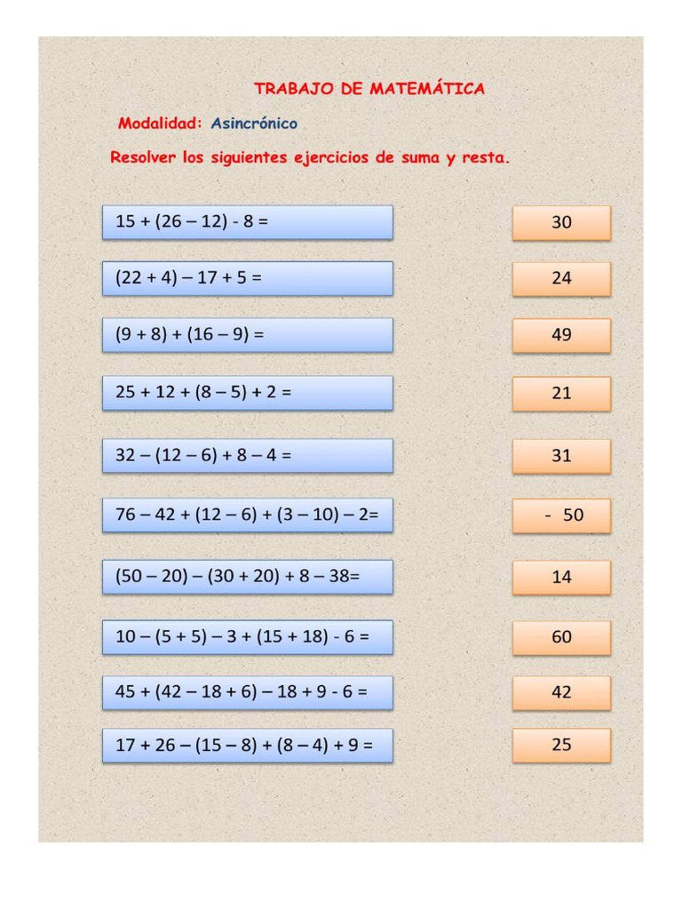 MATEMATICAS(OPERACIONES COMBINADAS DE SUMAS Y RESTAS | PDF