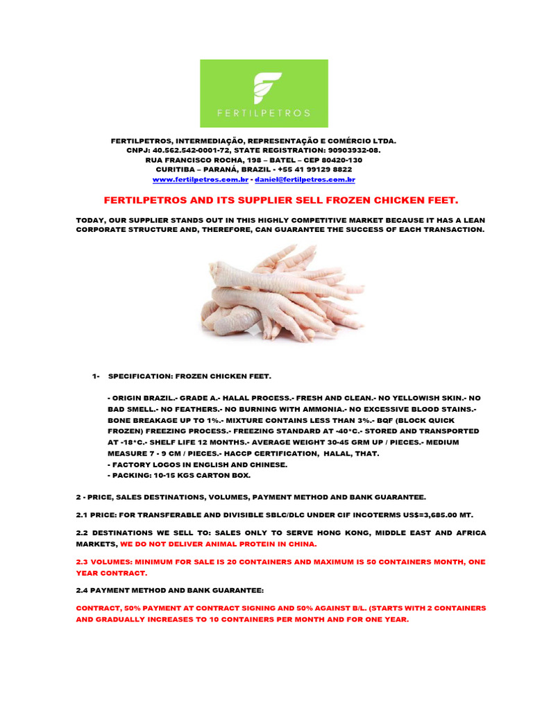Frozen Chicken Feet Export Details | PDF | Letter Of Credit | Business
