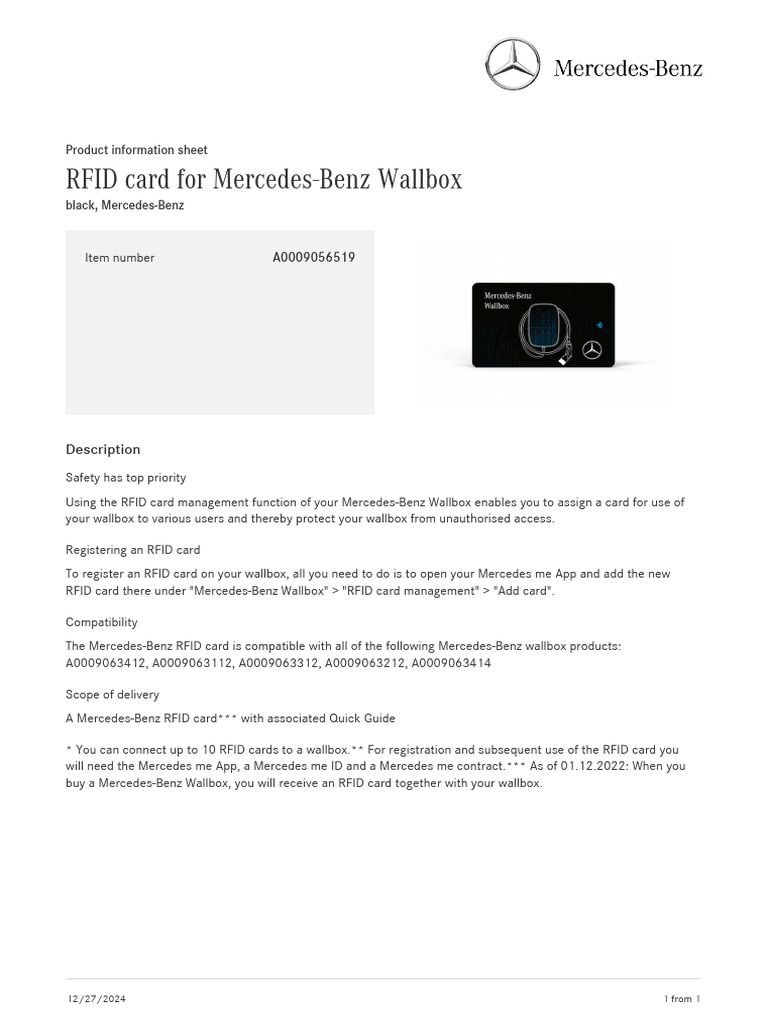 RFID Card For Mercedes-Benz Wallbox - Mercedes Benz | PDF