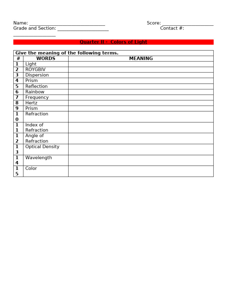 Science 8 Module 5 Colors of Light Answer Sheet | PDF