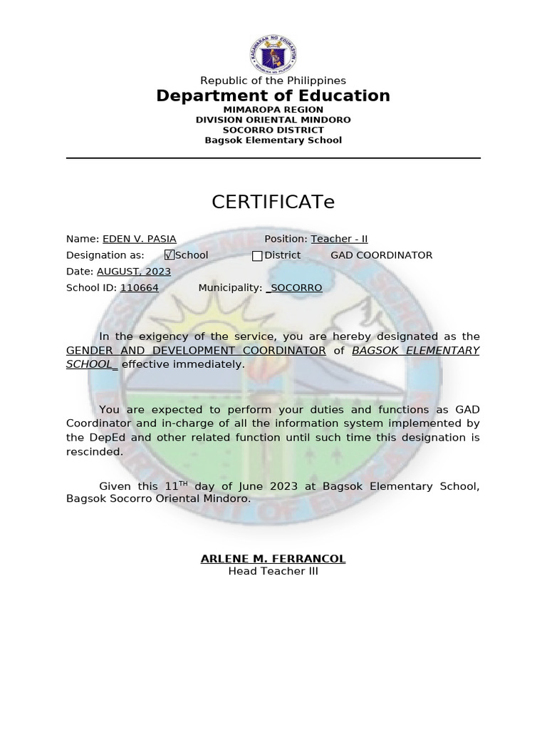 Certificate of Coordinatorship | PDF
