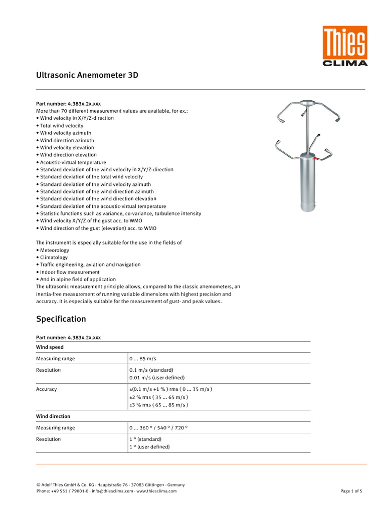 Thies Clima Ultrasonic Anemometer 3D | PDF | Wind Speed | Accuracy And ...