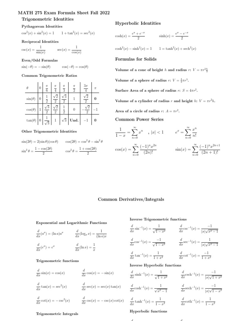 275 - Exam - Formula - Sheet Final | PDF | Trigonometric Functions | Mathematical Objects