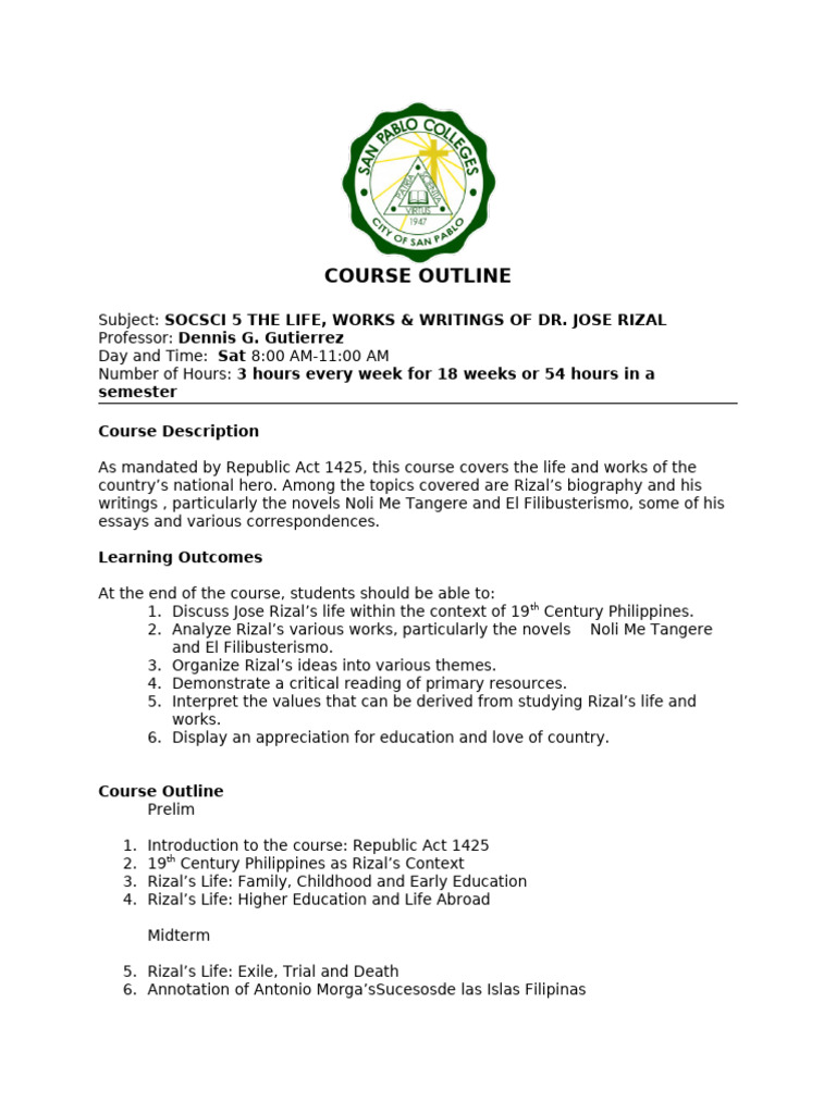 Jose Rizal Course Outline and Goals | PDF