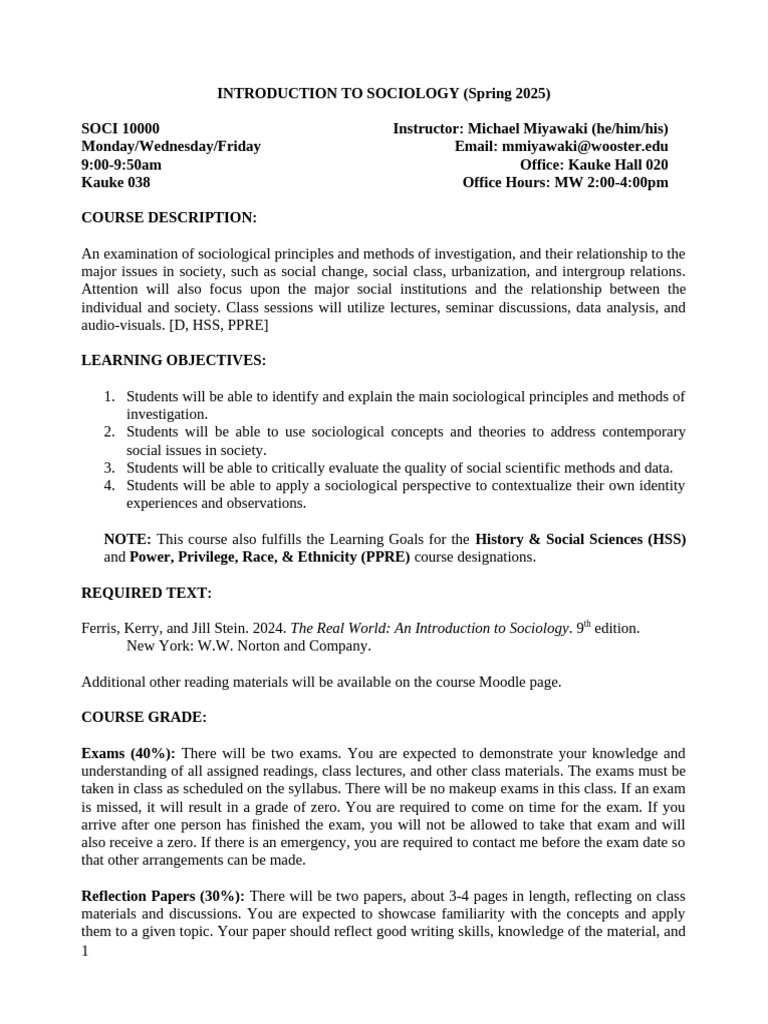 Intro to Sociology Syllabus Spring 2025 | PDF | Sociology | Reading ...