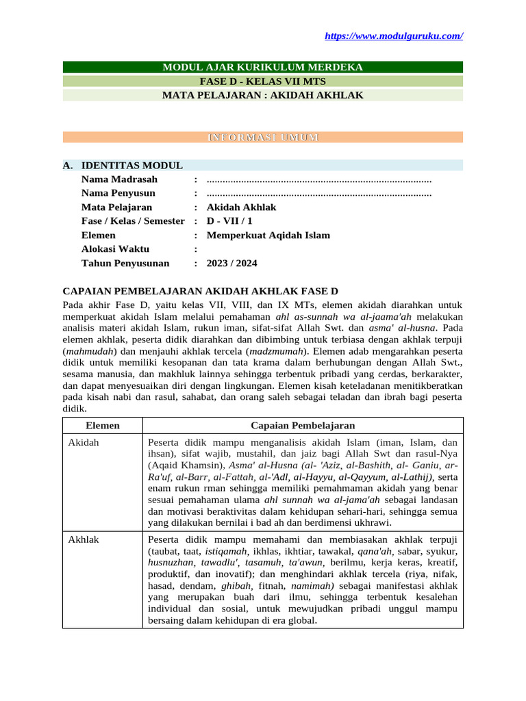 Modul Ajar Akidah Akhlak Kelas 7 Bab 1 | PDF