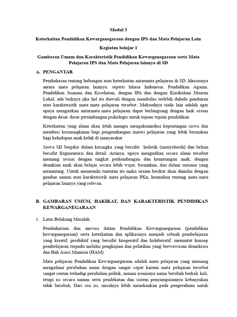 MODUL 3. Keterkaitan Pendidikan Kewarganegaraan Dengan IPS Dan Mata Pelajaran Lain | PDF