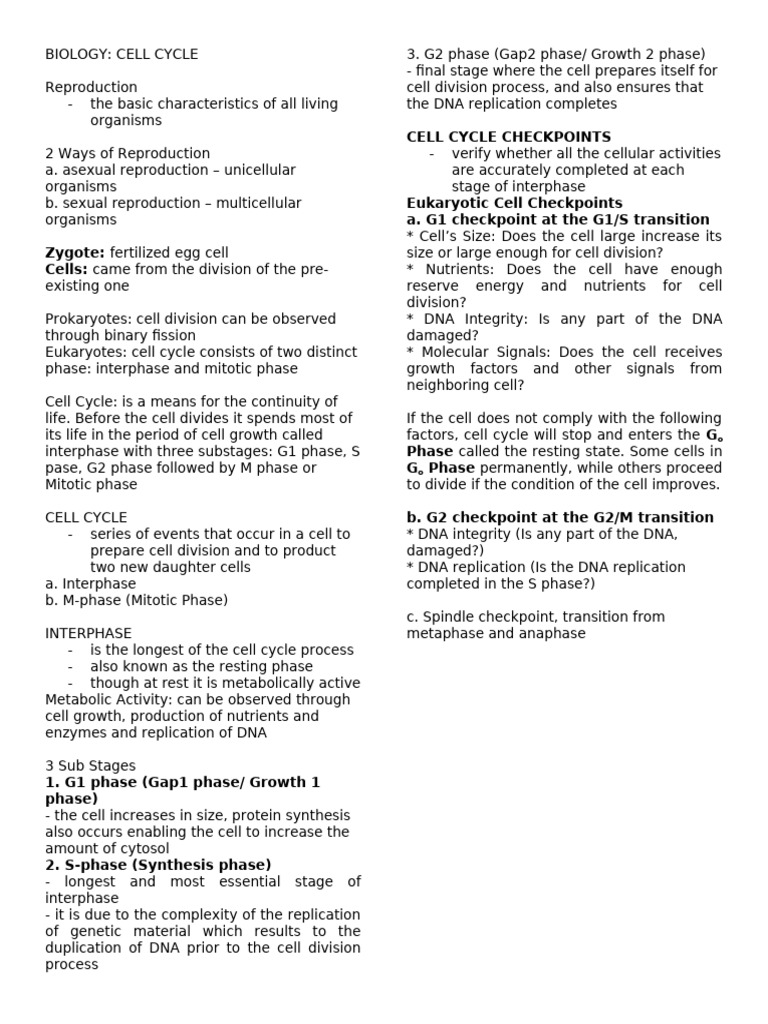 Notes General Biology Cell Cycle | PDF | Cell Cycle | Cell (Biology)