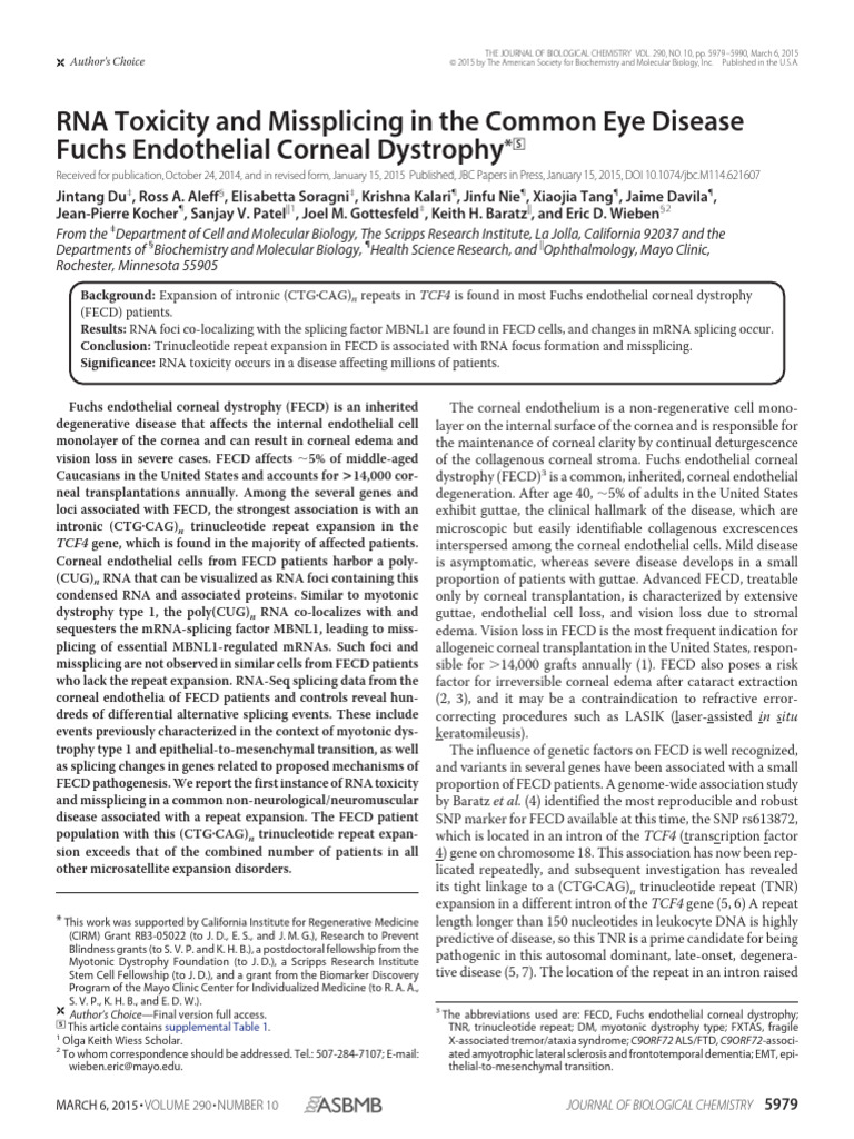 RNA Toxicity in Fuchs Dystrophy | PDF | Complementary Dna | Alternative ...