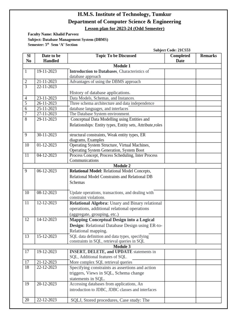 Lesson Plan Dbms KP 5 TH Sem | PDF | Relational Model | Relational Database