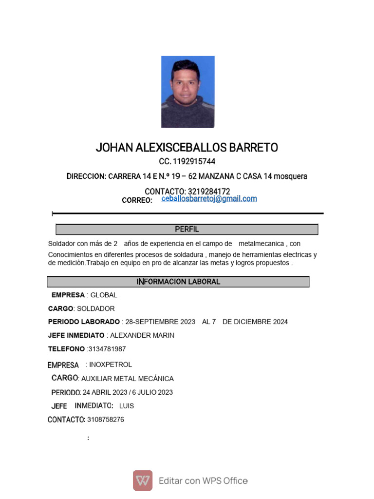 HOJA DE VIDA JOHAN ALEXIS CEBALLOS 2025 | PDF