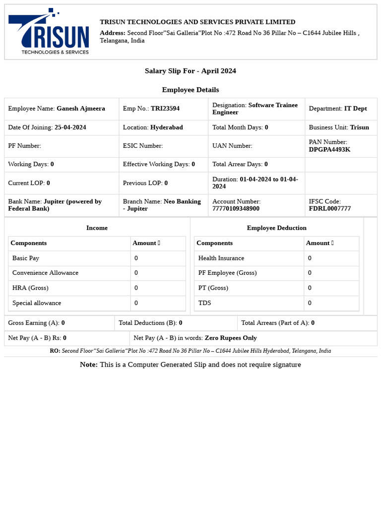April 2024 Salary Slip - Trisun Technologies | PDF | Taxation | Payments