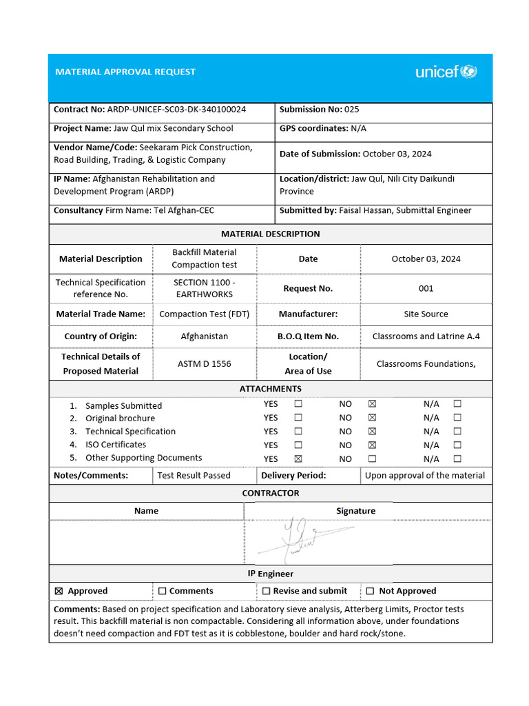 Submittal ARDP 025 Field Density Test (FDT) For Jaw Qul School | PDF ...