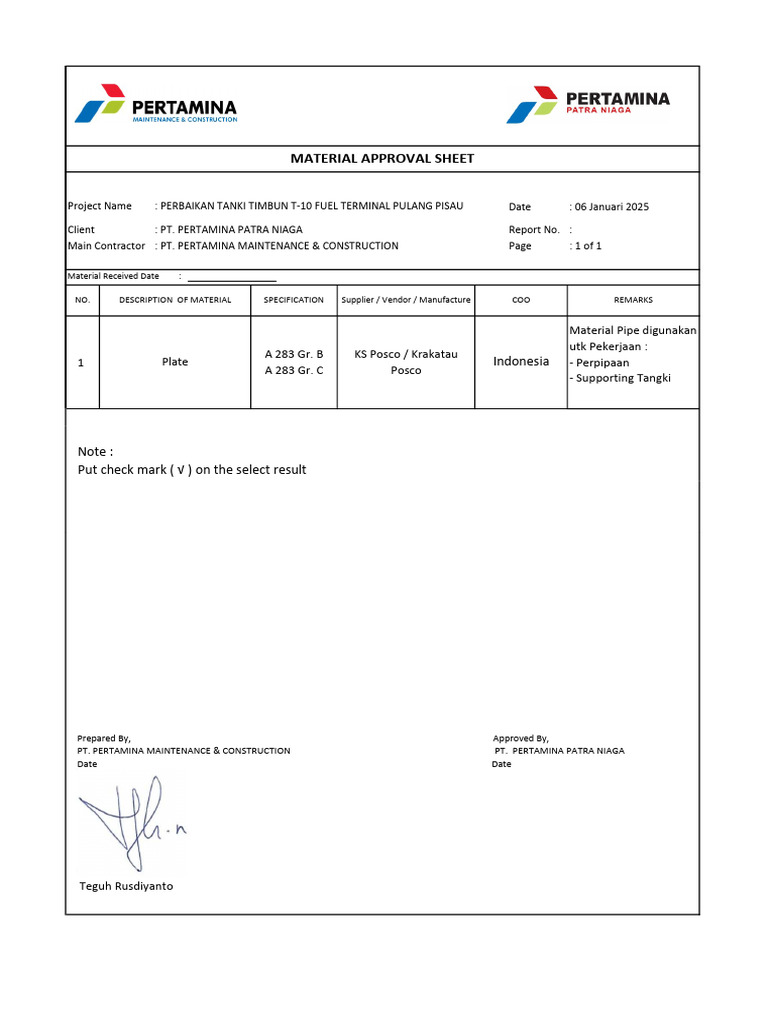Material Approval Sheet for Fuel Tank Repair | PDF