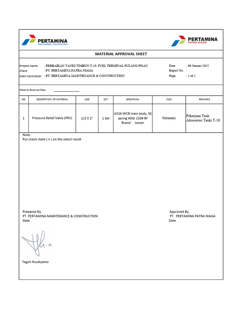 Material Approval Sheet - PRV Perbaikan Tangki T-10 FT Pulang Pisau | PDF | Valve | Plumbing
