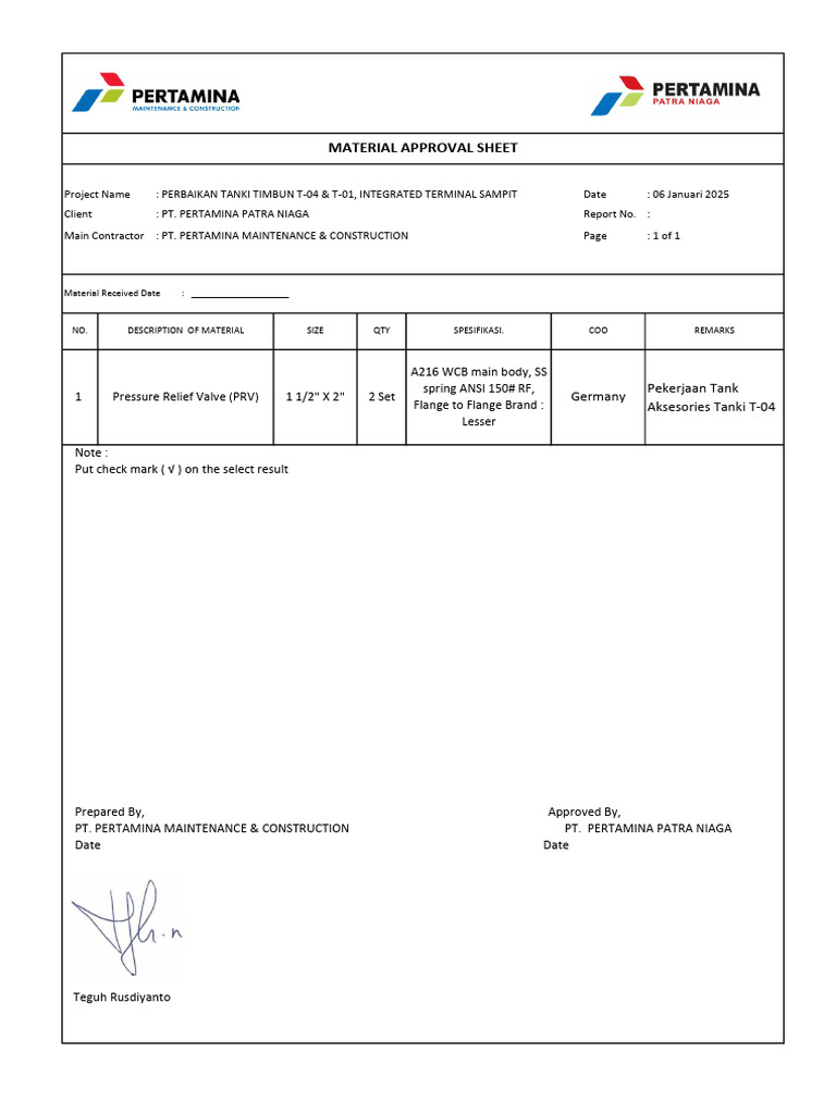 Material Approval Sheet - PRV Perbaikan Tangki T-04 & T-01 IT Sampit (1) | PDF | Valve | Gas ...