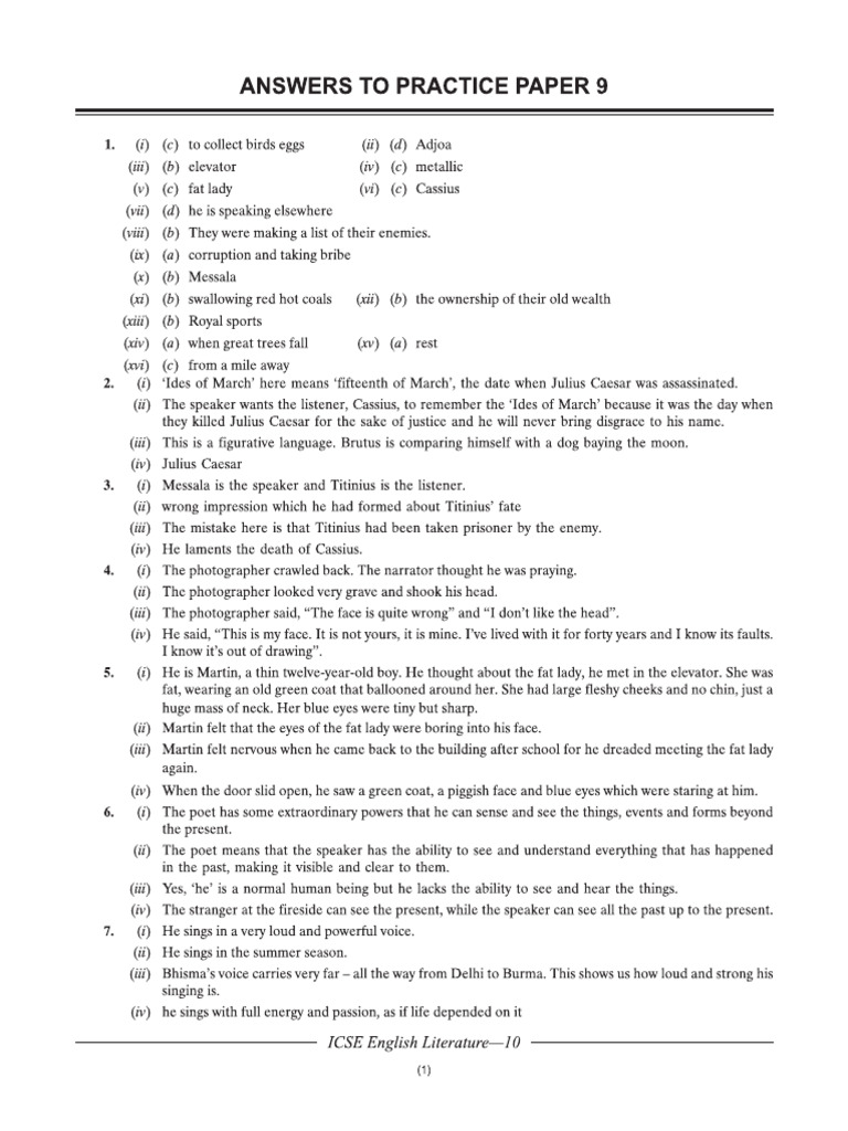 Icse Cl10 Together With English Literature Answers To Practice Paper 9 | PDF