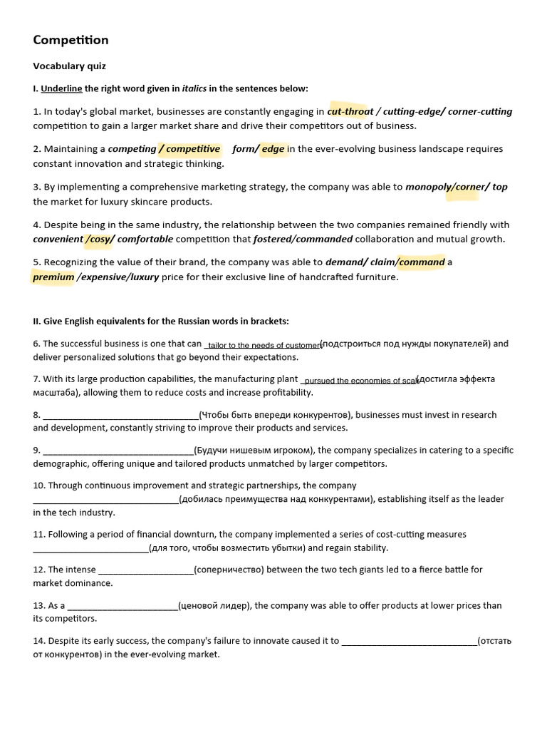 Business Competition Vocabulary Quiz | PDF | Competition | Market ...
