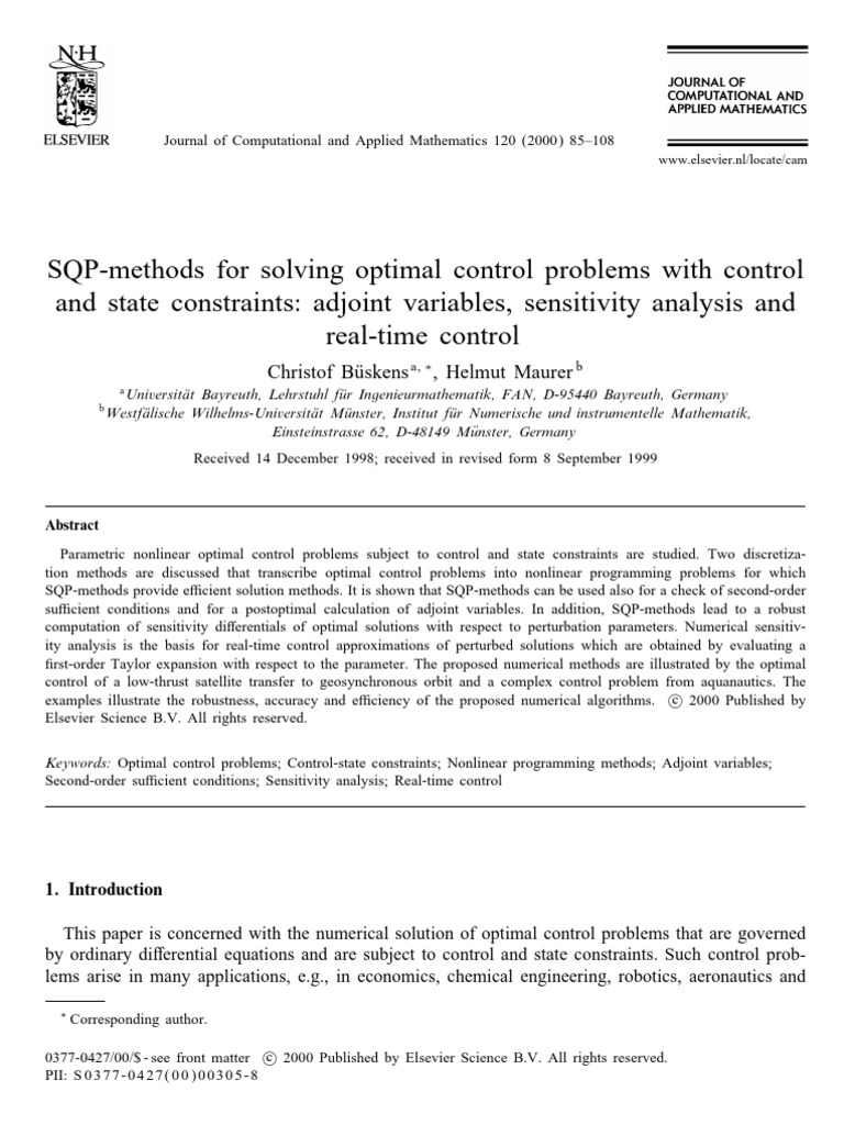 Sqp Methods For Solving Optimal Control Problems With Control And State Constraints Pdf